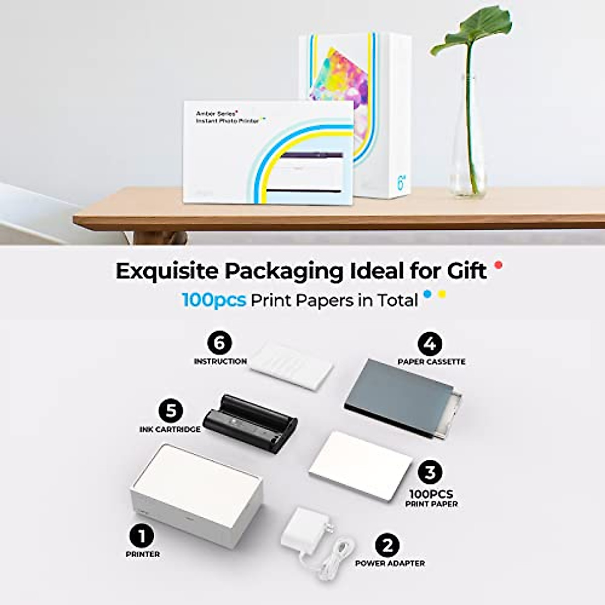 Liene 4x6'' Photo Printer, Photo Printer (100 Sheets), Full-Color Photo, Portable Instant Photo Printer for iPhone, Thermal Dye Sublimation, Wi-Fi Picture Printer w/ 100 Sheets Paper & 3 Cartridges