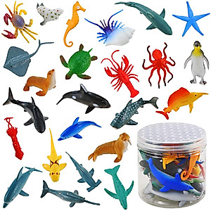 Bignc 24 Pack Mini Ocean Sea Animal Model Toys Under The Sea Life Figure Bath Toy for Child (Shark, Blue Whale, Starfish, Crab, Etc.)