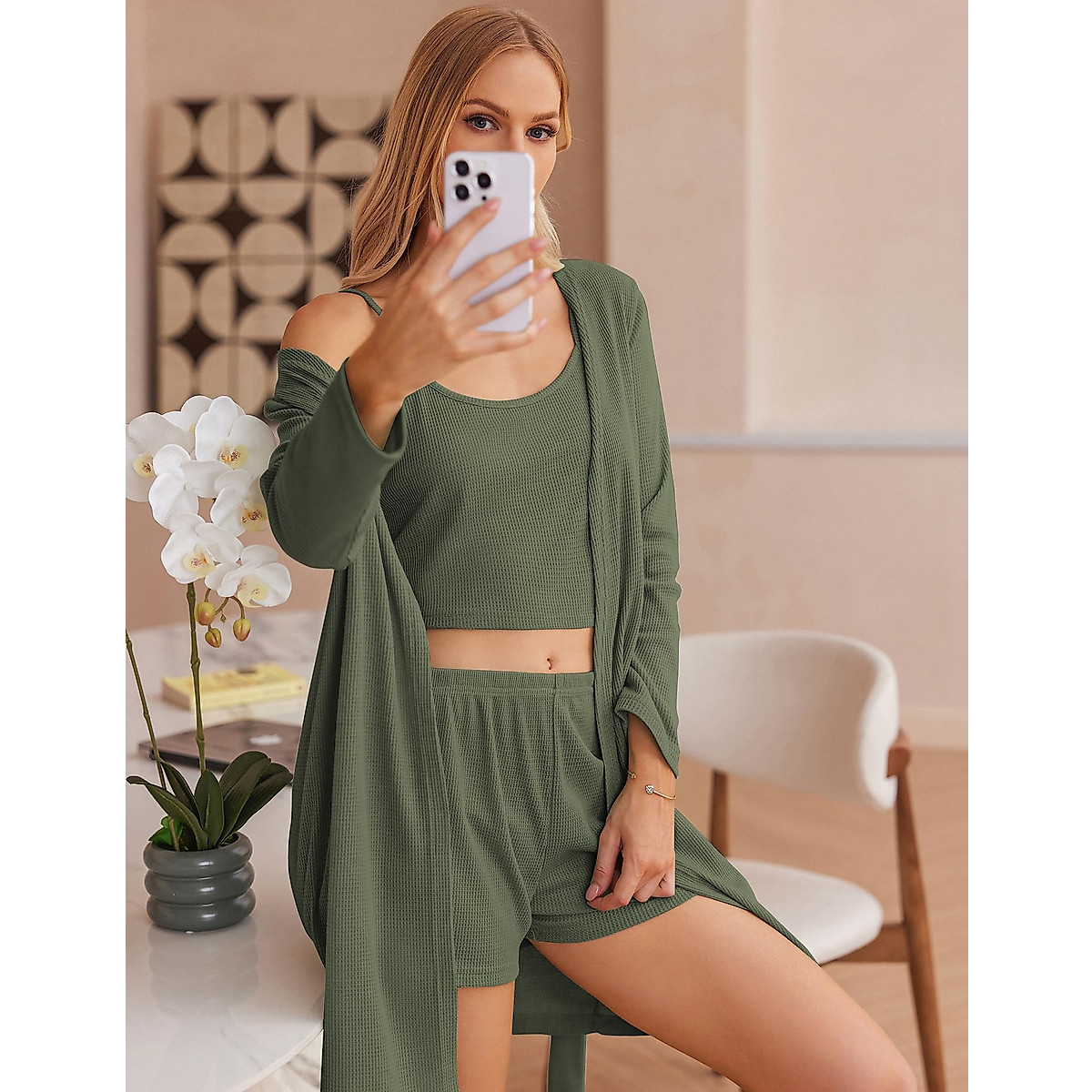 Ekouaer Womens 3 Piece Waffle Knit Lounge Set Soft Pajama Sets Tank Top and Shorts Cardigan with Pockets (Army Green, S)
