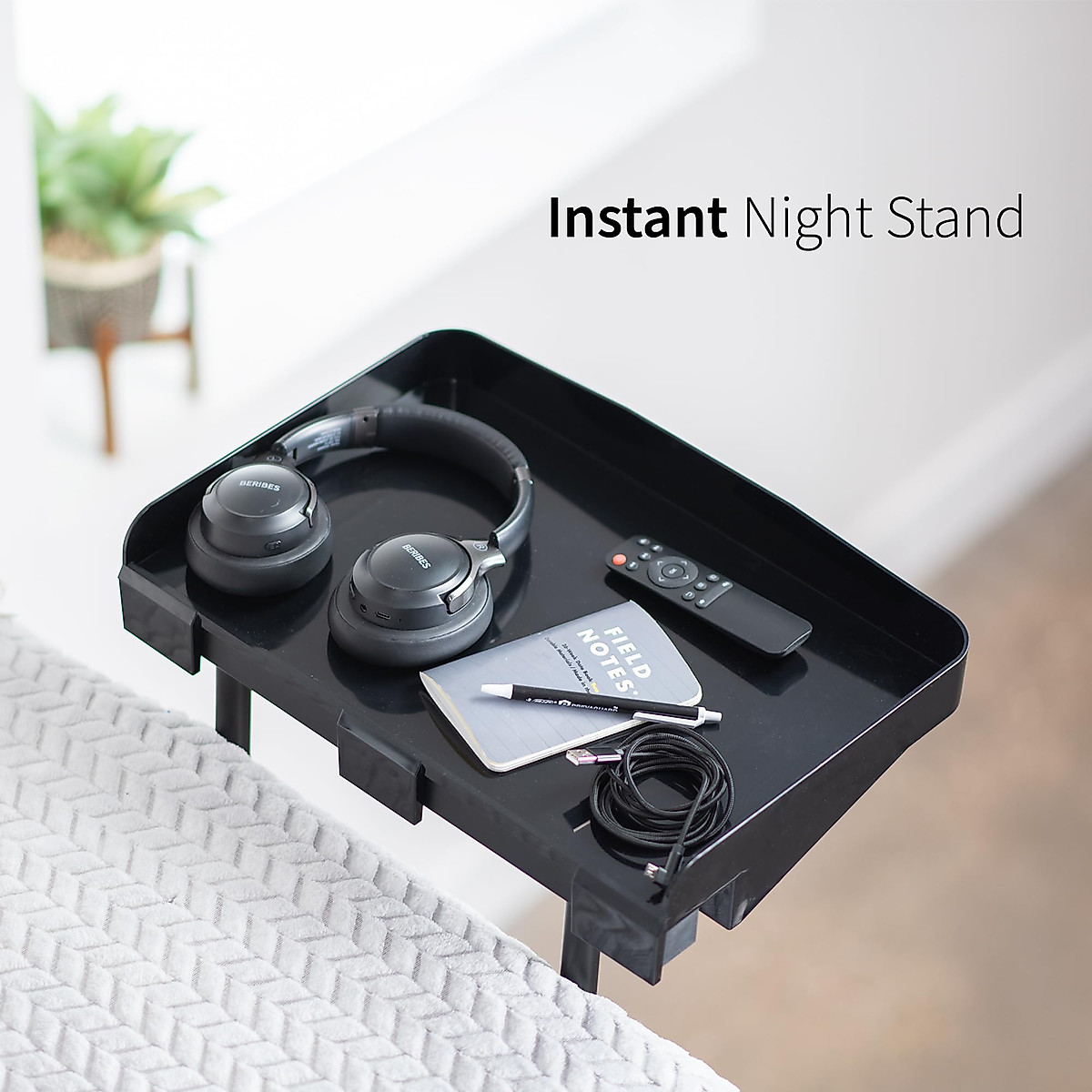 Height Adjustable Under Mattress 17 inch Bedside Shelf, Works with Lofts and Beds Without Frames, Heavy Duty Storage Tray, Fits Laptops, Books, and Drinks, Nightstand Alternative, Black