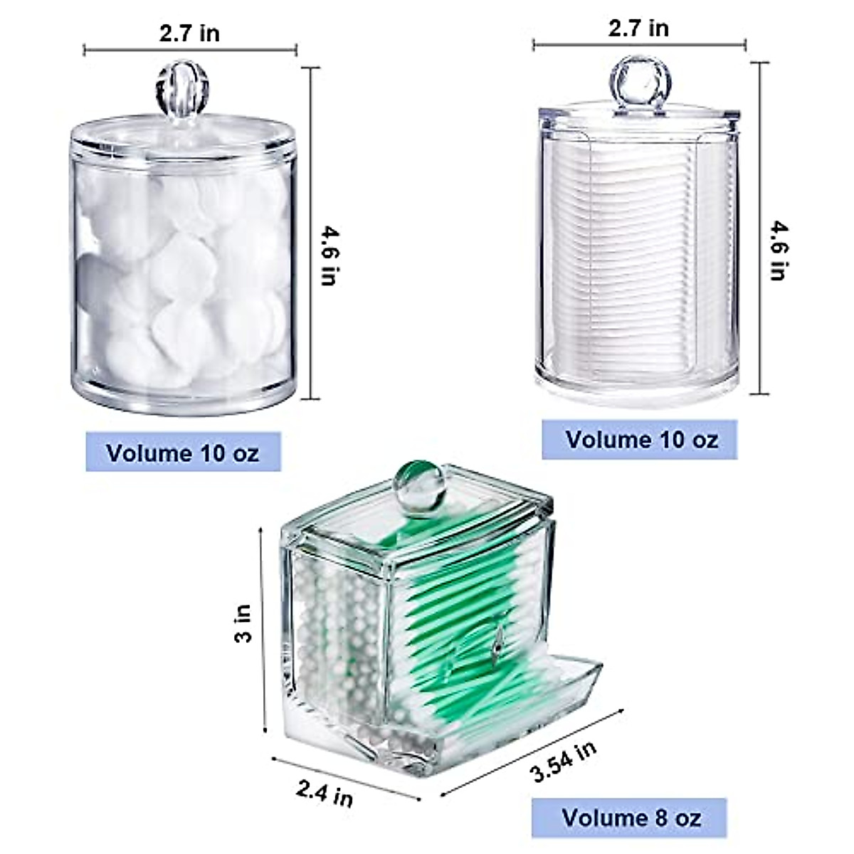 Wellinc 3 Pack Cotton Swab Dispenser, 8/10/10 Oz Qtip Holder Dispenser Set, Storage Organizer Holder Canister Apothecary Jars with Lid for Cotton Rounds, Bath Salts, Makeup Sponges, Hair Accessories