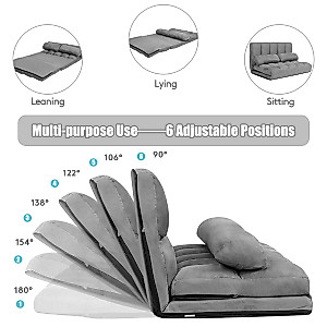 S AFSTAR Safstar Floor Folding Couch and Futon Sofa, 6-Position Fabric Sleeper Sofa Bed with 2 Pillows and Sponge Filling, Adjustable Lazy Sofa for Living Room and Bedroom(Gray)
