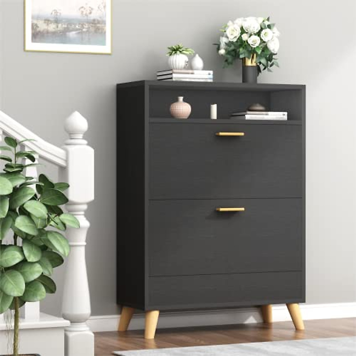 Gyfimoie Shoe Storage Cabinets, Free Standing Shoe Organizer with 2 Flip Drawers for Entryway, Narrow 3 Tier Entryway Hidden Shoe Rack with Doors (Black)