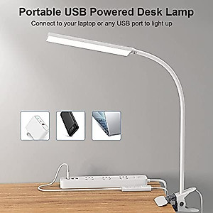 JUANWE LED Desk Lamp, Reading Light Clip on Light, Dimmable Clamp Light with USB Charging Port, 3 Modes & 14 Brightness Levels 5W LED Metal Clip Light, White