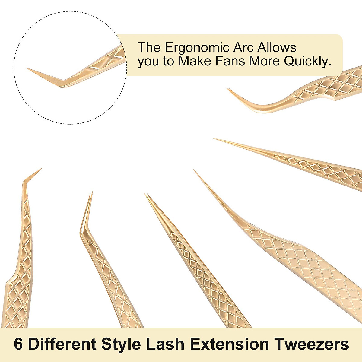 FEITA Eyelash Extension Tweezer Set Gold Lash Applicator Tool - Precision Lashes Diamond Grip Tweezers for 2D-6D Volume & Individual Eyelashes Extensions Supplies (6Pcs)