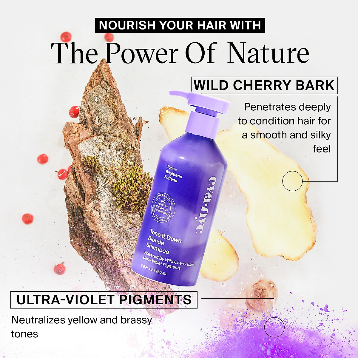 Eva NYC Tone It Down Purple Shampoo for Brightening Blonde Hair, Eliminating Brass & Yellow Tones - Moisturizing & Vegan, 8.8 oz