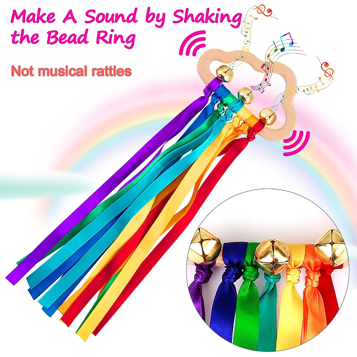 Baby Sensory Wooden Rattle Toys - 2PCS Rainbow Ribbon Ring Toys Natural Wood Rattle Molar Wood Circle Newborn Teether Sensory Montessori Toy for Infant Babies Toddler