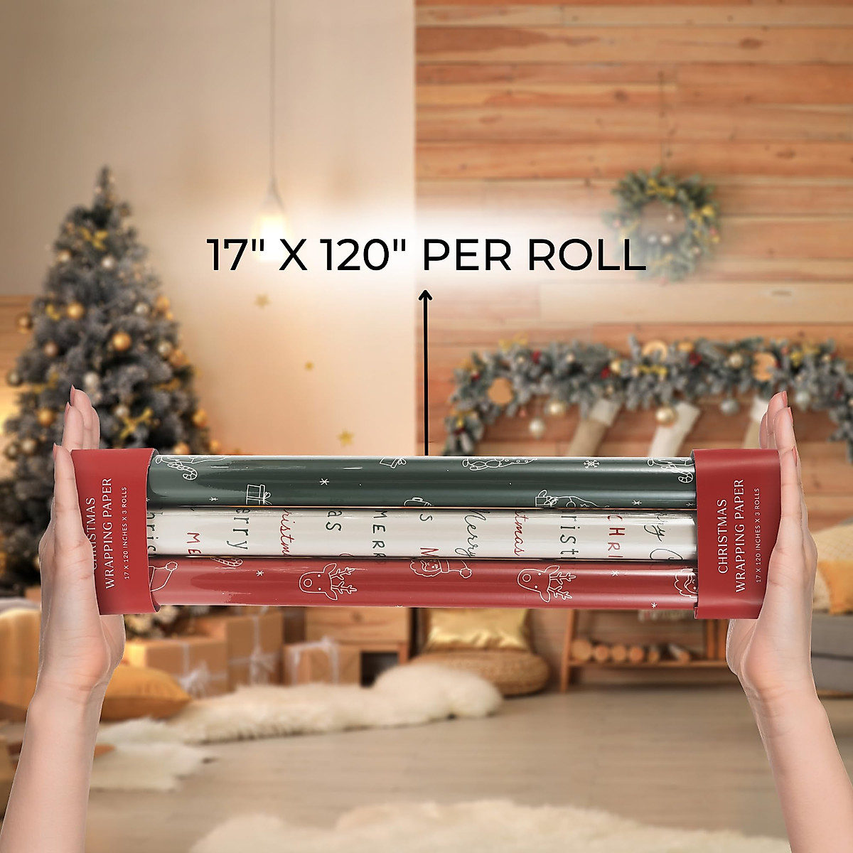 Beautiful Christmas Gift Wrapping Paper Rolls - Set of 3 Quality Paper Rolls With Cute Designs For Small & Medium Size Gifts - Add a Touch of Magic to Every Gift You Wrap - 17 in x 120 in Per Roll