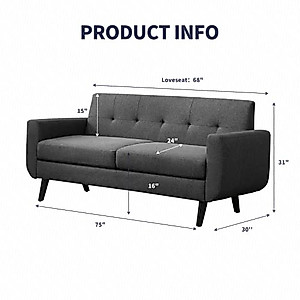 ZAFLY 68" Futon Sofa Modern Love Seat Sofa Button Tufted Upholstered Loveseat Couch Furniture with 5.9" Upholstered Cushion for Living Room Bedroom Office Apartment, 2-Seat (Dark Gray)