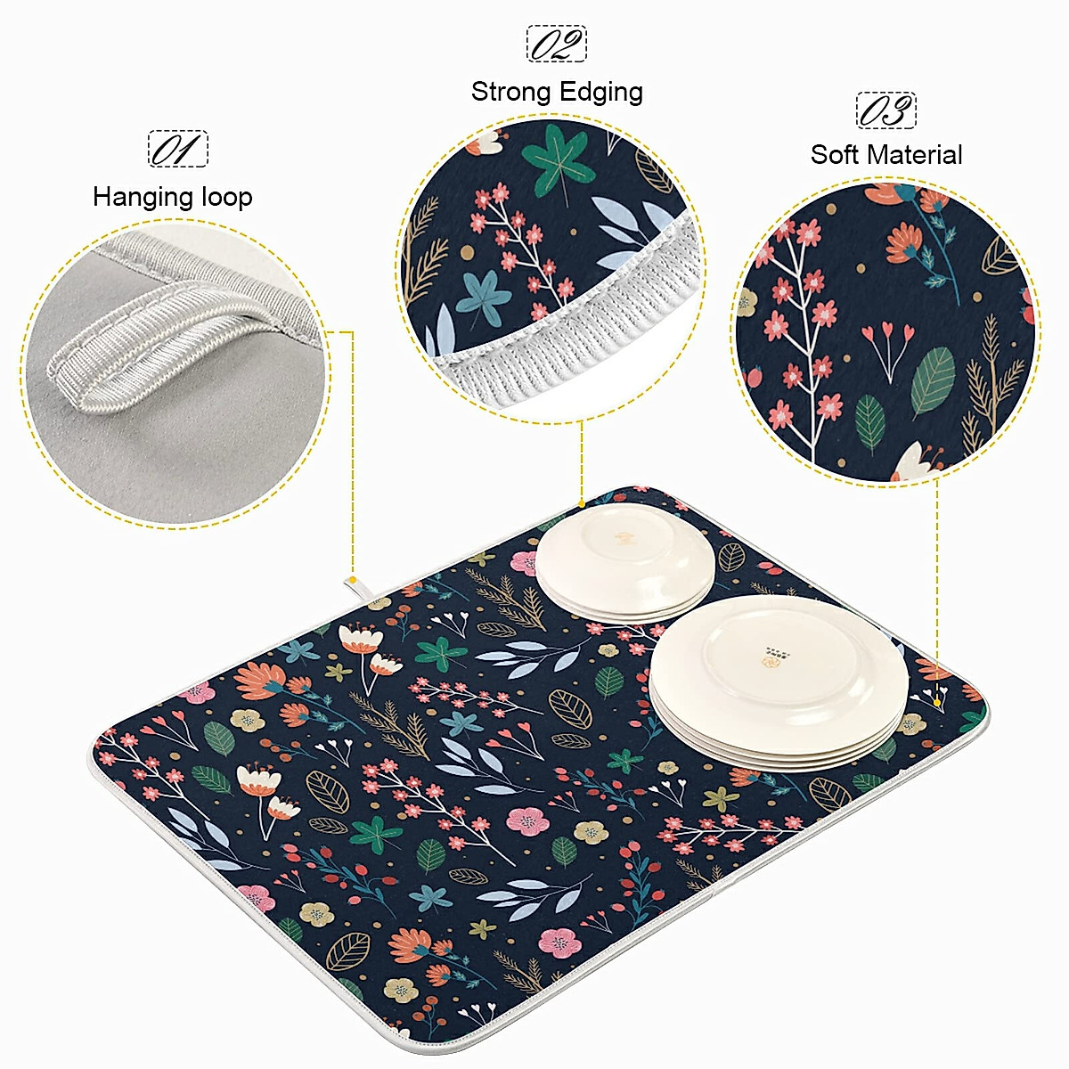 Dish Drying Mat for Kitchen Counter Colorful Flowers Black Absorbent Drying Matt for Dishes Sink Countertop 16'' x 18''