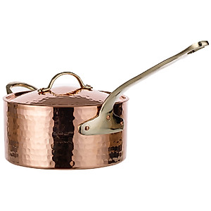 DEMMEX 1mm Thick Hammered Unlined Uncoated Solid Copper Sugar Sauce Zabaglione Pan Candy Jam Caramel Dessert Pot with Lid and Helper Handle, Handmade in Turkey, (1.7-Quart)