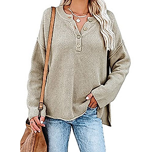 SHEWIN Sweaters for Women Trendy Waffle Knit Long Sleeve Button V Neck Loose Tops,(US 18-20) 2XL,Khaki