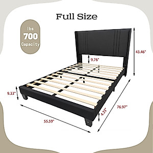 Tuconia Upholstered Platform Full Bed Frame with Headboard Wooden Slats Support Easy Assembly No Box Spring Needed Black Linen