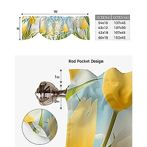 Sabolny Tulip Floral Tie Up Valance Curtain for Kitchen Living Room Bedroom Bathroom Cafe, Rod Pocket Small Short Window Drape Panel Adjustable Drapary Print, Spring Gold White Flower Bow 60"x18"