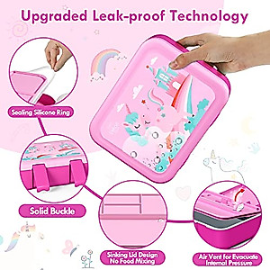 Lehoo Castle Bento Lunch Box for Kids with 5 Compartments,1250ml Lunch Containers with Sauce Jar, Spoon&Fork, Durable, Leak Proof, BPA-Free and Food-Safe Materials (Pink)