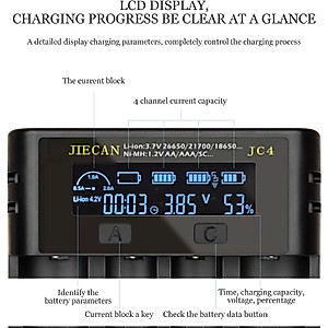 JIECAN LCD Universal Battery Charger, 4 Bay AA AAA Battery Charger,USB High-Speed Charging, Independent Slots, Smart Fast Charging Battery Charger for 3.7V Ni-MH Ni-CD AA AAA Rechargeable Batteries