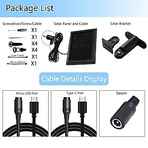 Solar Panel Compatible with Ring Stick Up Camera Battery/Ring Spotlight Cam Battery/Reolink Argus Pro,Includes 3.5mm Plug with USB & Type-C Adapter,5v/2.4W Output Fast Charging