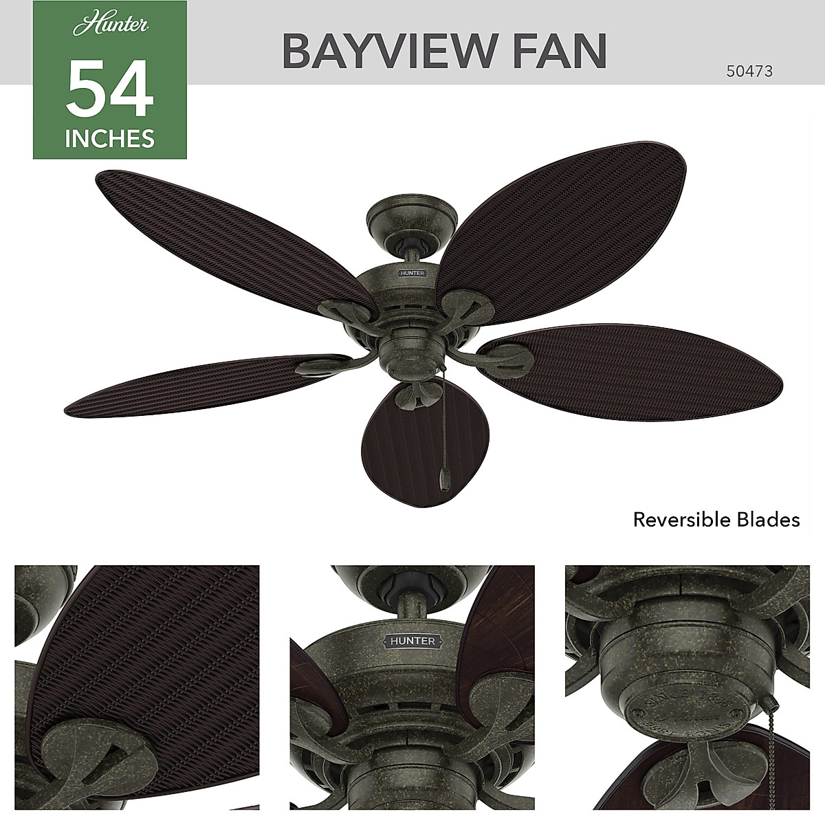 Hunter Bayview Indoor / Outdoor Ceiling Fan with Pull Chain Control, 54", Provencal Gold