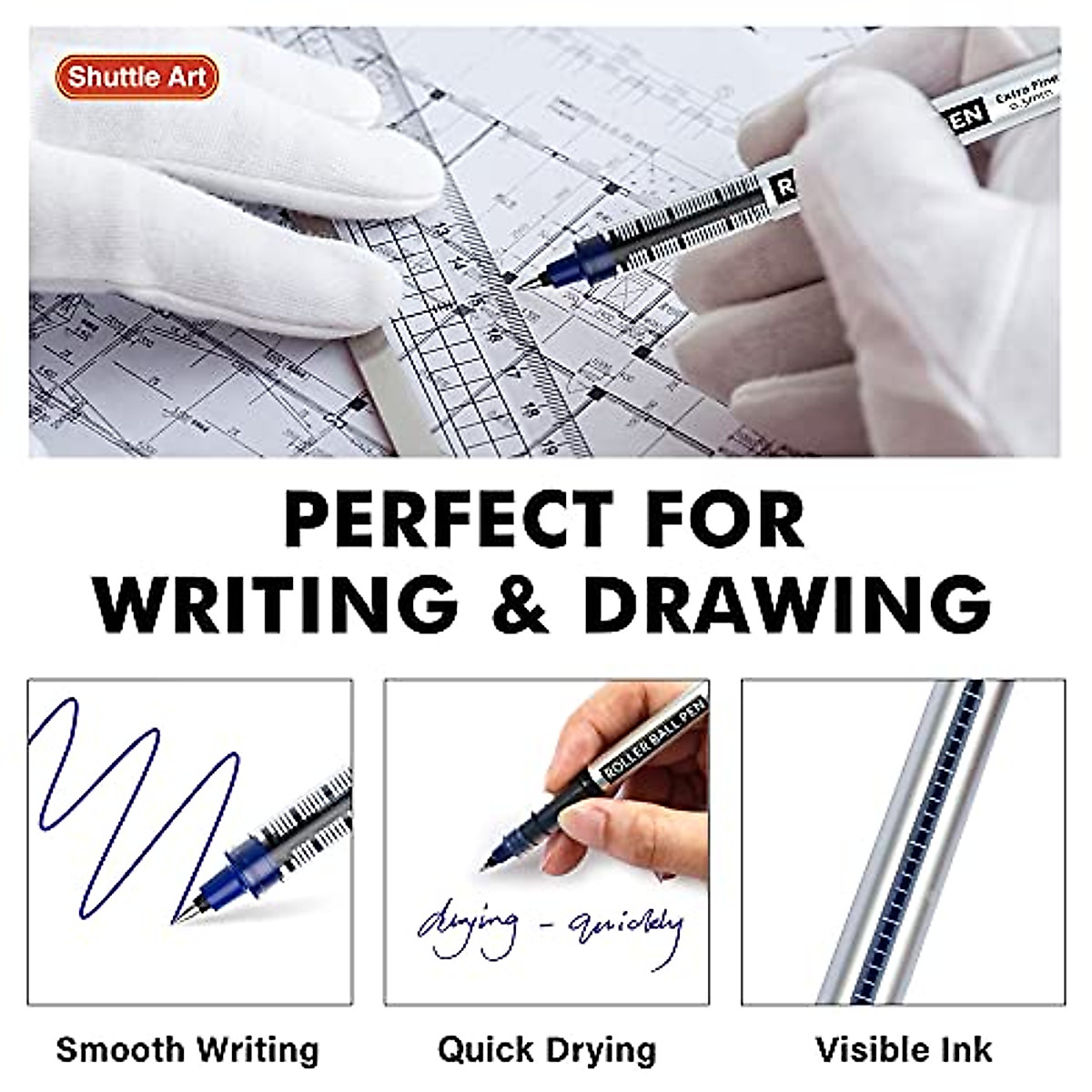 Shuttle Art RollerBall Pens, 25 Pack Blue Fine Point Roller Ball Pens, 0.5mm Liquid Ink Pens for Writing Journaling Taking Notes School Office