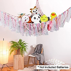 Stuffed Animal Net or Hammock with LED Light, Toy Hammock Hanging Stuffed Animal Storage Organizer Holder Room Décor with Tassels for Nursery Play Room Kids Bedroom