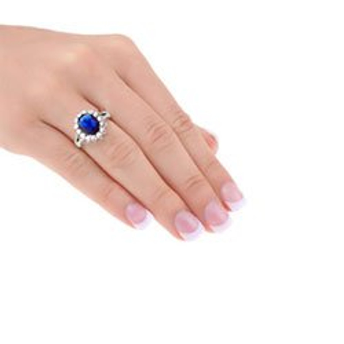 Sterling Silver Oval Blue Sapphire and CZ Princess Diana/Kate Middleton Ring