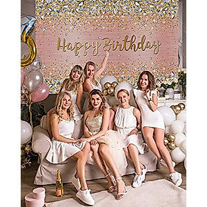 Happy Birthday Backdrop 7x5ft Diamonds Glitter Shining Pink and Gold Dot Sparkle Bokeh Photography Background for Women Girls Lady Sweet Party Decorations Photo Props