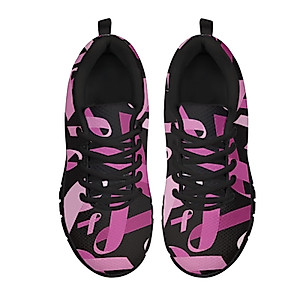 POLERO Pink Ribbon Shoes Breast Cancer Awareness Theme Sneaker Shoes Lace Up Walking Shoes Casual Lightweight Mesh Running Shoes Size 7