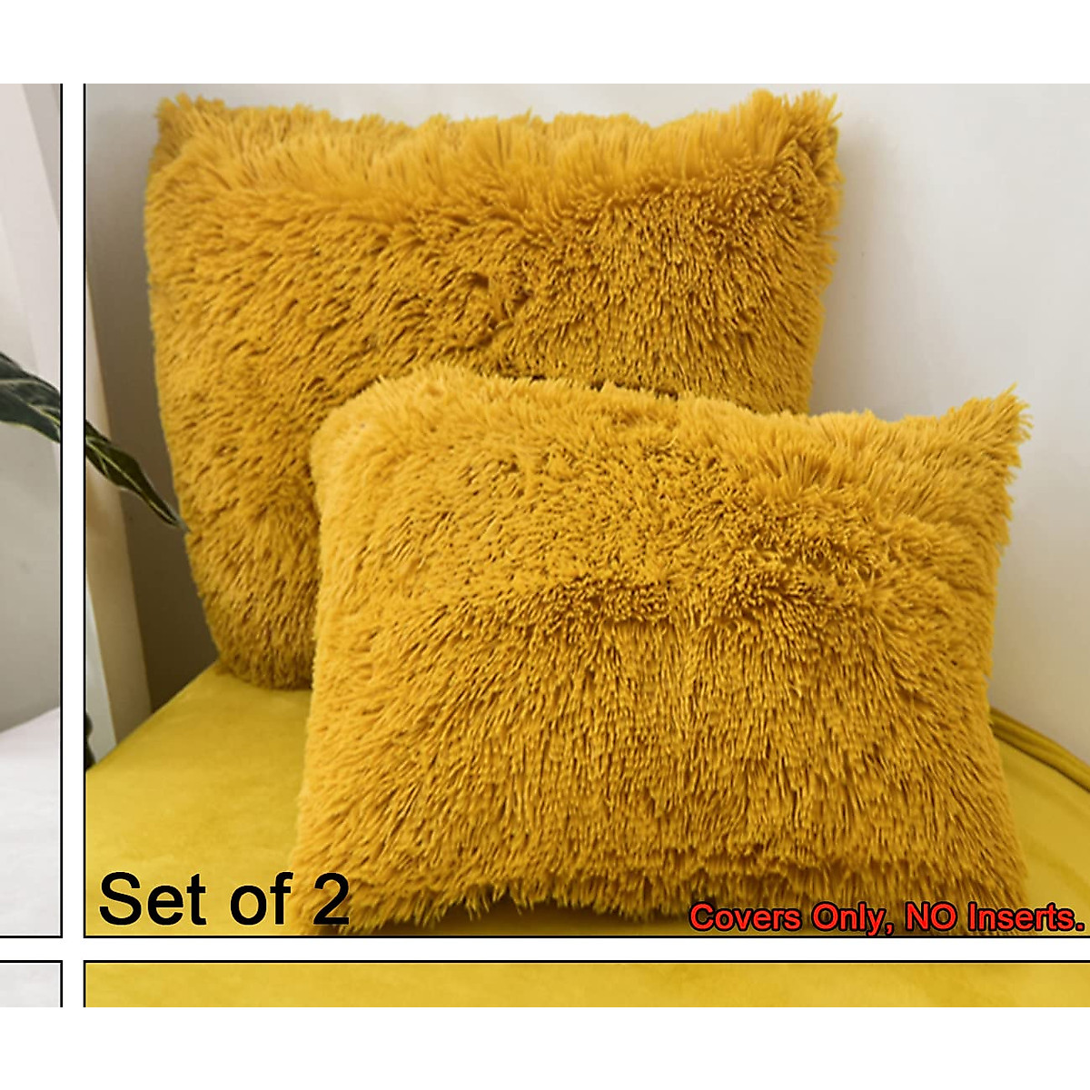 MorroMorn Shaggy Throw Pillow Covers, Luxury Long Faux Fur Decorative Pillows Shams, Square Pillow Cases Set, Pack of 2 Cushion Cover for Bed Couch Soft Fluffy Shaggy Room Decor (Mustard Yellow)