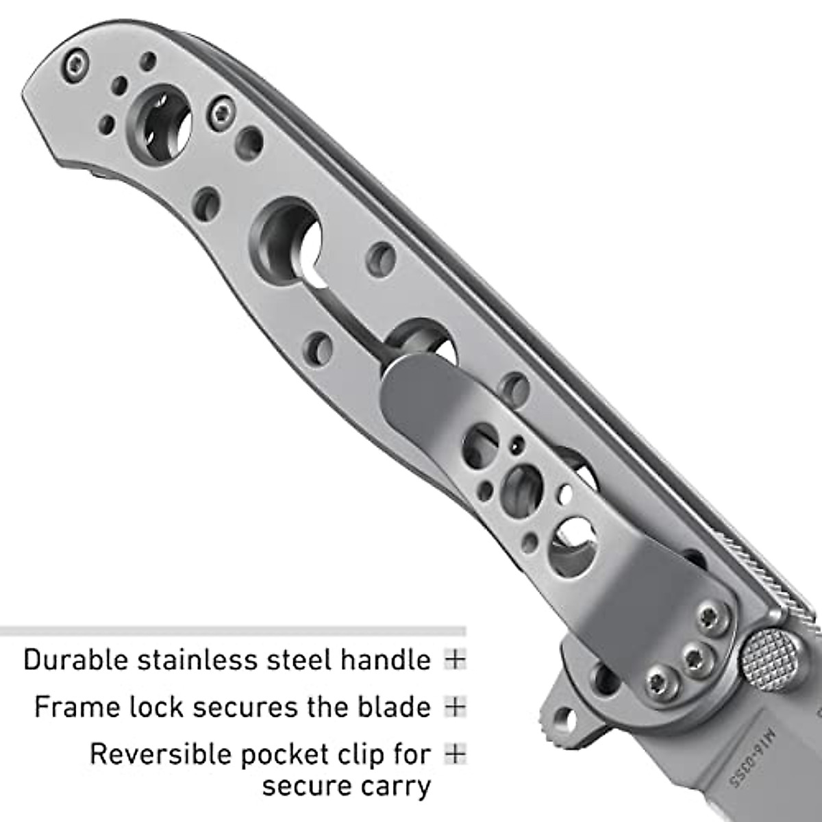 CRKT M16-03SS EDC Folding Pocket Knife: Sandvik Frame Lock, 4-Position Pocket Clip Bead Blast Blade, Stainless Steel Handle