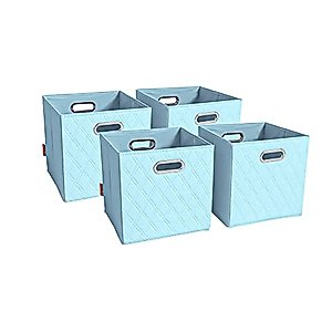 JIAessentials Large 13-inch Blue Foldable Diamond Patterned Faux Leather Storage Cube Bins Set of Four with Handles with Dual Handles for living room, bedroom and office storage