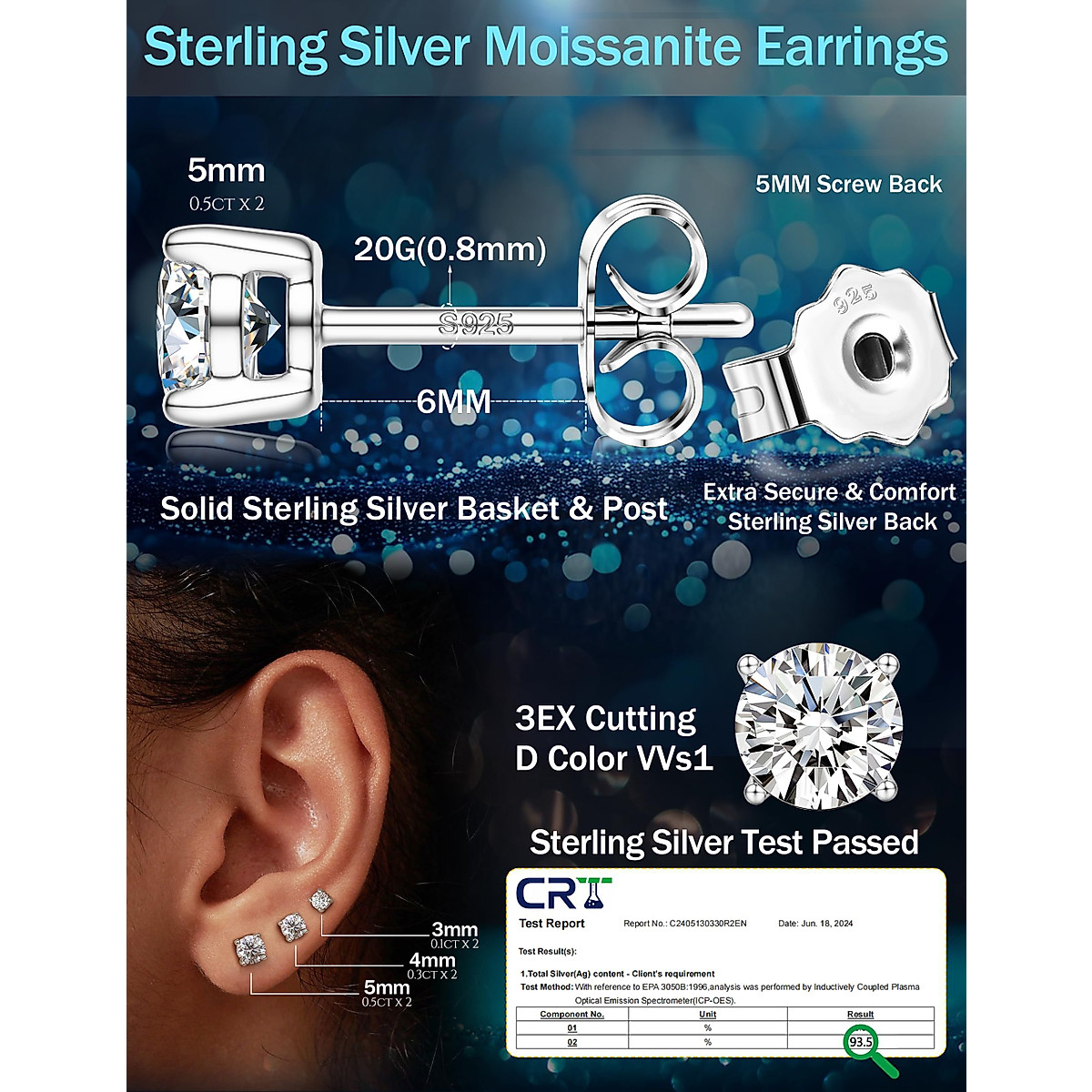 Moissanite Stud Earrings 3 Pairs 14K White Gold Plated Sterling Silver Men's Flat Back Stud Earring Cartilage Helix Piercing D Color Lab Created Moissanite Earrings Birthday Gifts for Men Women 1.8ct