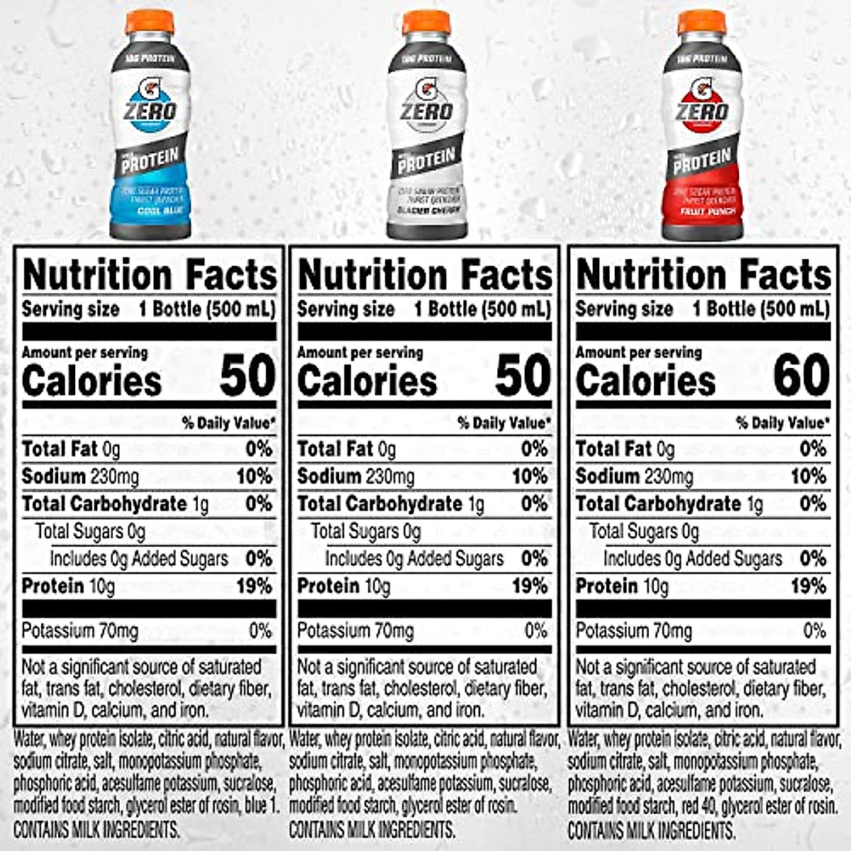 Gatorade Zero With Protein, 10g Whey Protein Isolate, Zero Sugar, Electrolytes, 3 Flavor Variety Pack, 16.9 Fl Oz, 12 Pack
