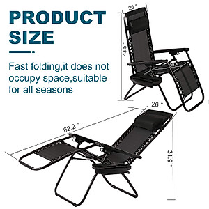 HCY Zero Gravity Chairs Outdoor Adjustable Recliner Chair Folding Lounge Patio Chairs with Cup Holder Pillows Set of 2 for Beach, Yard, Lawn, Camp（Black）