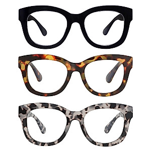 AMOMOMA 3 Pack Retro Oversized Reading Glasses for Women Blue Light Blocking Computer Readers Spring hinge AM6003 with Black+Brown+Grey Tortoise Frame 1.50 x