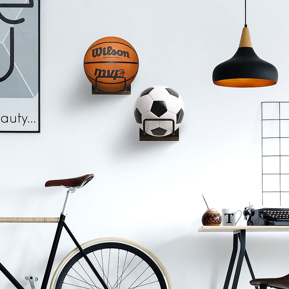 MyGift Black Metal Multi Sports Ball Storage Rack with Burnt Wood Wall Mount Backing, Exercise Ball, Medicine Ball, Basketball Display Holders, Set of 2