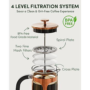 BAYKA French Press Coffee Maker, Glass Classic Copper 304 Stainless Steel Coffee Press, Cold Brew Heat Resistant Thickened Borosilicate Coffee Pot for Camping Travel Gifts, 34 Ounce