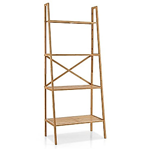Giantex 4-Tier Bamboo Bookshelf, Multifunctional Storage Display Rack Shelves with Anti-Tipping Device, Natural Wood Ladder Shelf for Home Office Kitchen Bathroom