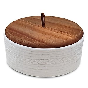 Everbrook Authentic Wood and Ceramic Tortilla Warmer - Tortilla Holder - Bread Warmer - Pancake Warmer - Tortilla Holder with Lid - Tortilla Steamer - White Tortilla Warmer - 8.5 Inches