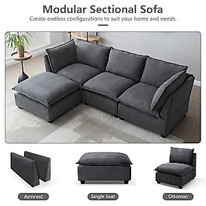 GNIXUU Cloud Modular Sectional Sofa, Convertible Large L-Shape Feather Filled Comfort Sectional Sofa with Ottoman, Linen Deep 4 Seat Couches for Living Room. Washable Cover, Gray