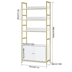 finetones Bookshelf with 2 Cabinets, 71" White and Gold Bookshelf with Doors and Metal Frame, Free Standing Bookshelf Cabinet Display Storage Rack Shelves for Bedroom Living Room Office