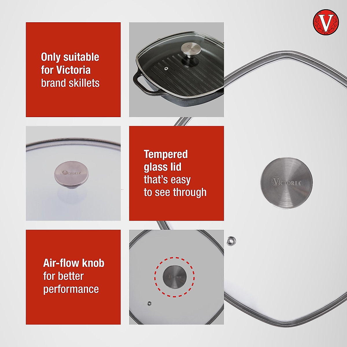 Victoria Square 10-Inch Glass Lid for Cast Iron Skillet or Pan, Custom Made for Only Victoria Brand, Diameter 9.7-Inch