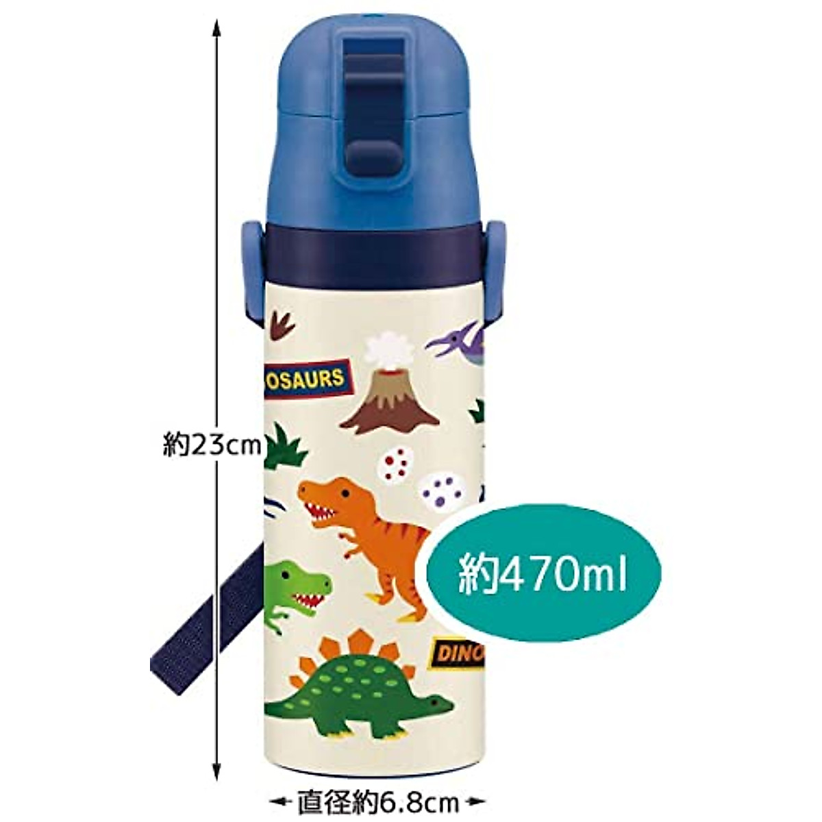 Skater SKDC4-A Children's 2-Way Stainless Steel Kids Water Bottle with Cup, Dinosaur, 15.2 fl oz (430 ml), Boys