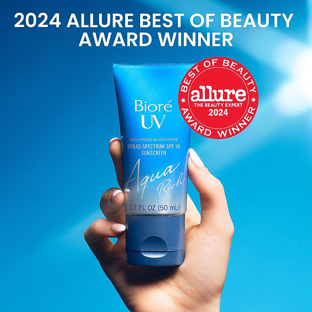 Biore UV Aqua Rich Daily Hydrating Facial Moisturizer with SPF 50 | Oil Free Sunscreen & Primer for Makeup with Hyaluronic Acid, No White Cast, Non-Comedogenic, For Sensitive Skin, PA++++, 1.7 Oz