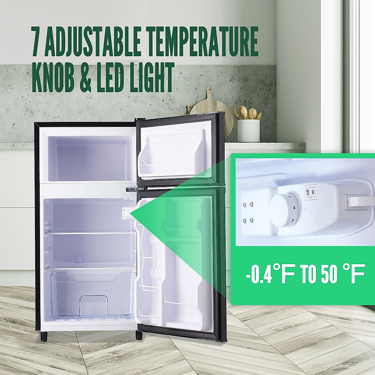 WANAI Mini Fridge with Freezer Small Double Door Refrigerator Freezer-on-Top, Black Fridge with 7 Adjustable Thermostat and Adjustable Shelves