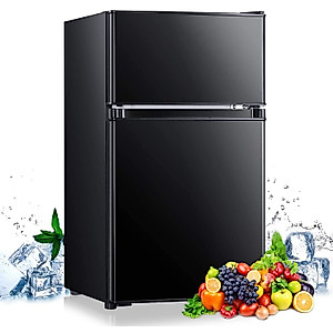 DSF Mini Fridge with Freezer, 3.2 Cu.Ft Mini Refrigerator, 2 Door, 37DB Low Noise, Engery Saving with LED Light, Low-frost Mini Fridge for Bedroom, Office, Dorm, RV, Apartment, Black- MPBFD321
