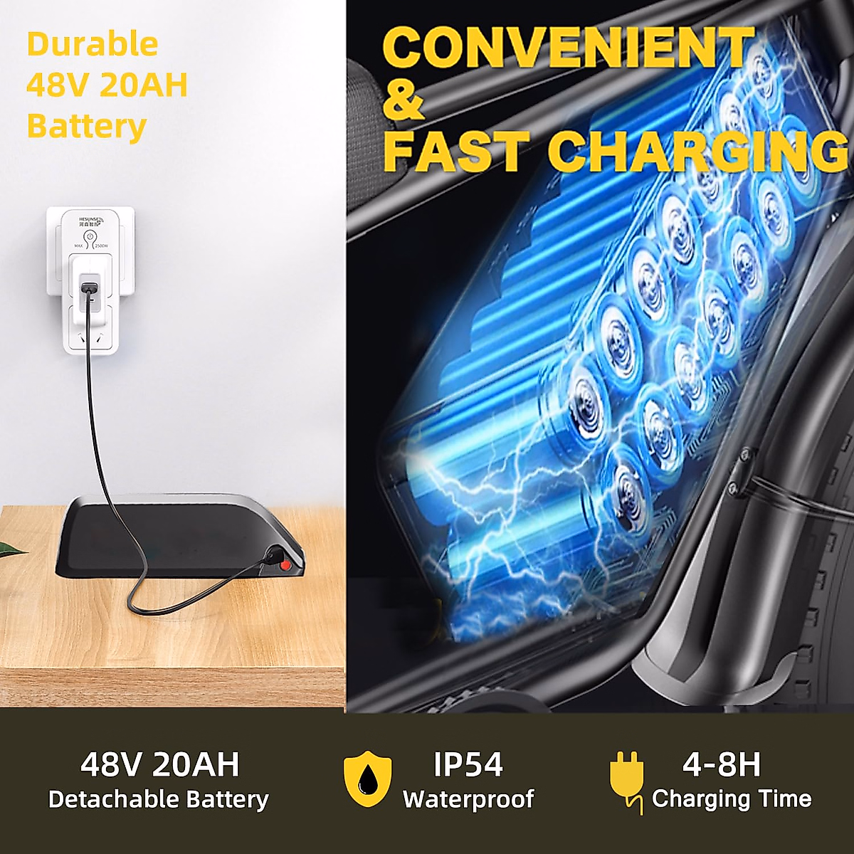 LONG SENG Adult Electric Bike 1000W 35MPH, 48V 20AH Removable Battery Electric Bicycle, 7-Speed eBike 20"x4.0"Adult Electric Bicycle Commuter Electric Bike Passed UL Certification (48V 20AH, Black)