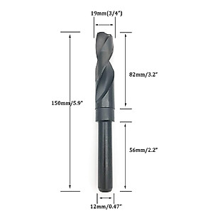 3/4” HSS Drill Bit, ½” Reduced Shank High Speed Steel Twist Drill Bit, 19mm Cutting Dia 12mm Shank 150mm Length