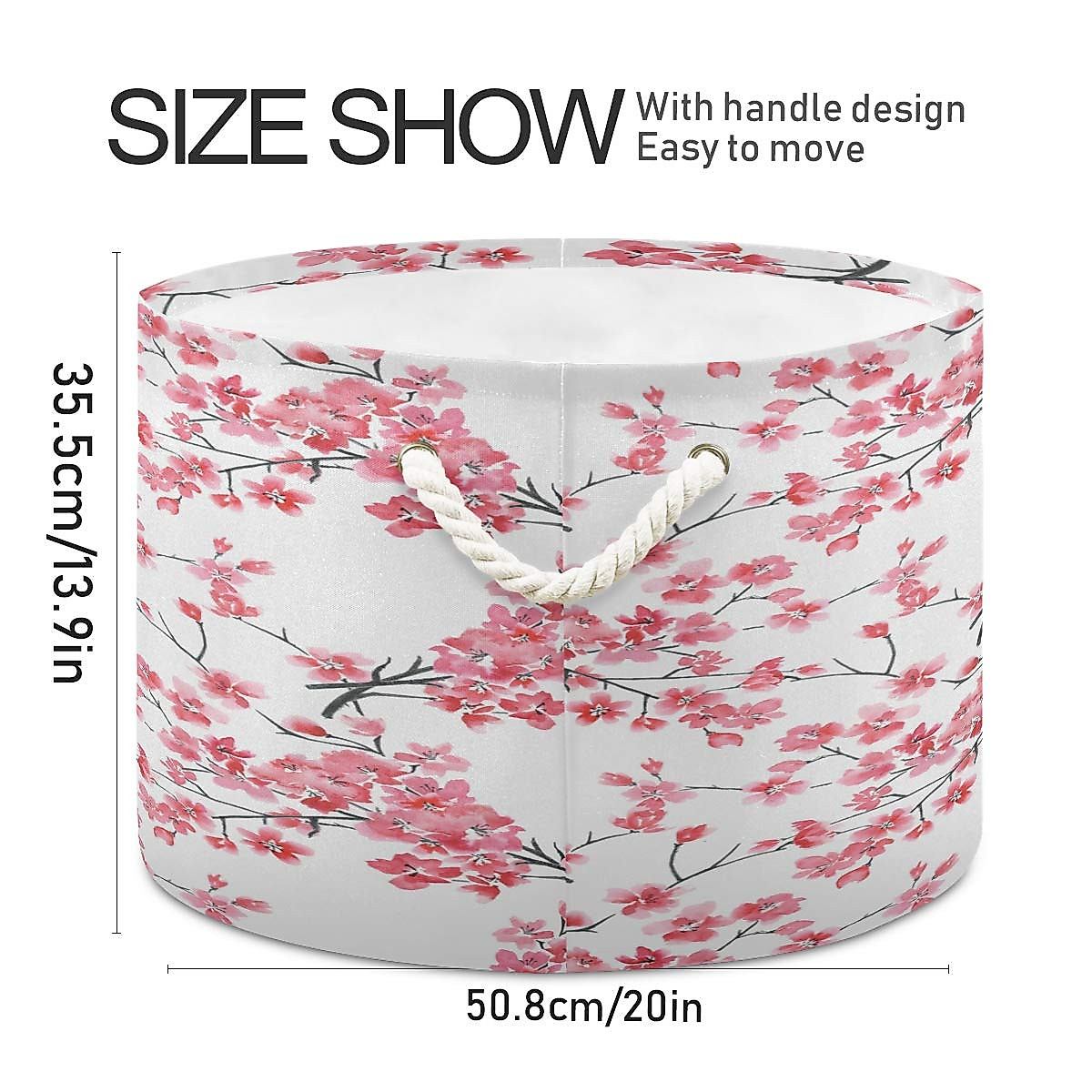 SUABO Large Pink Storage Basket, Cherry Blossoms Laundry Hamper Collapsible Hamper Bin with Handle, Laundry Baskets for Clothes, 20x14