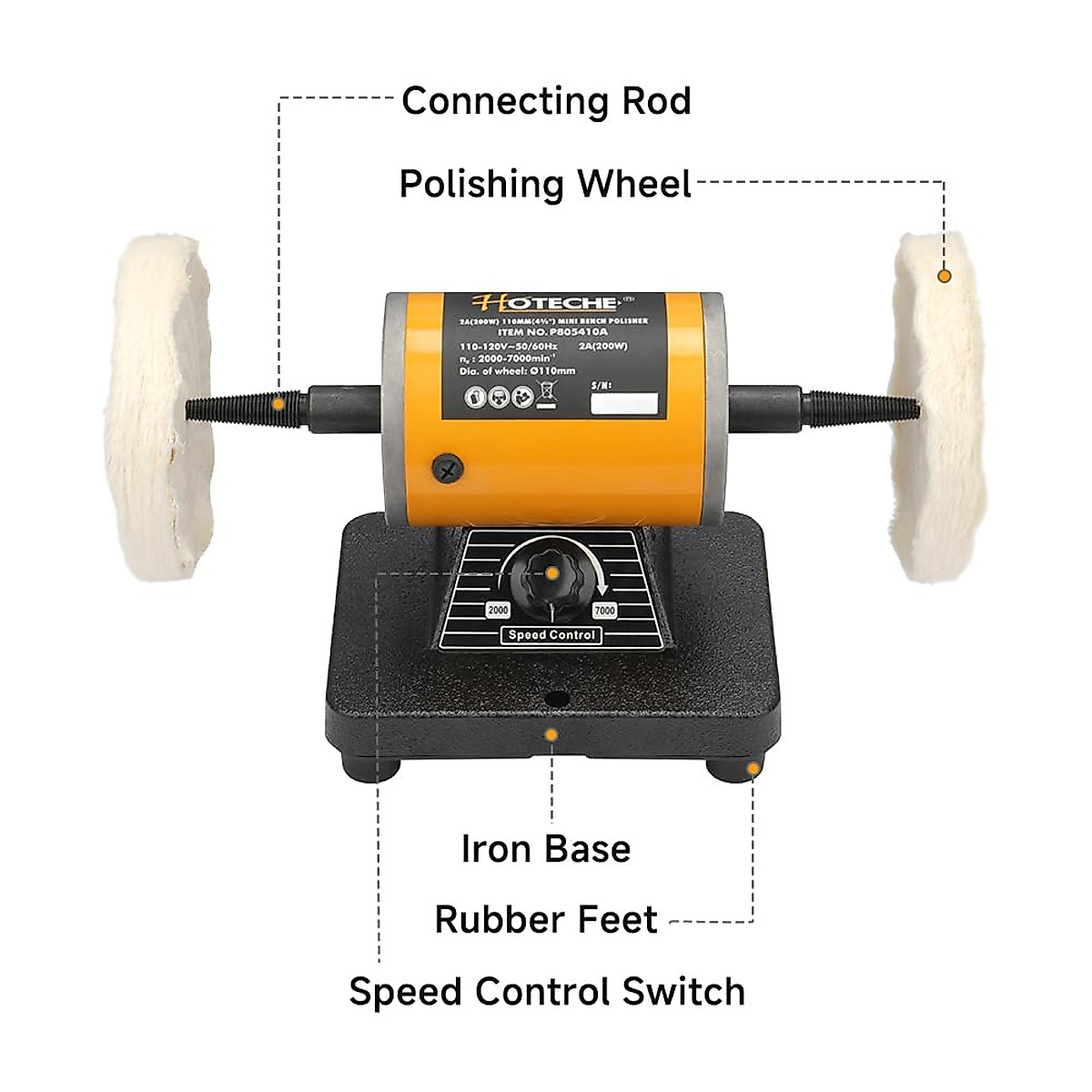 Hoteche 4-3/8-Inch Bench Buffer Polisher Adjustable Speed Electric Buffing Machine for Metal, Wood, Jewelry, Sanding, Waxing