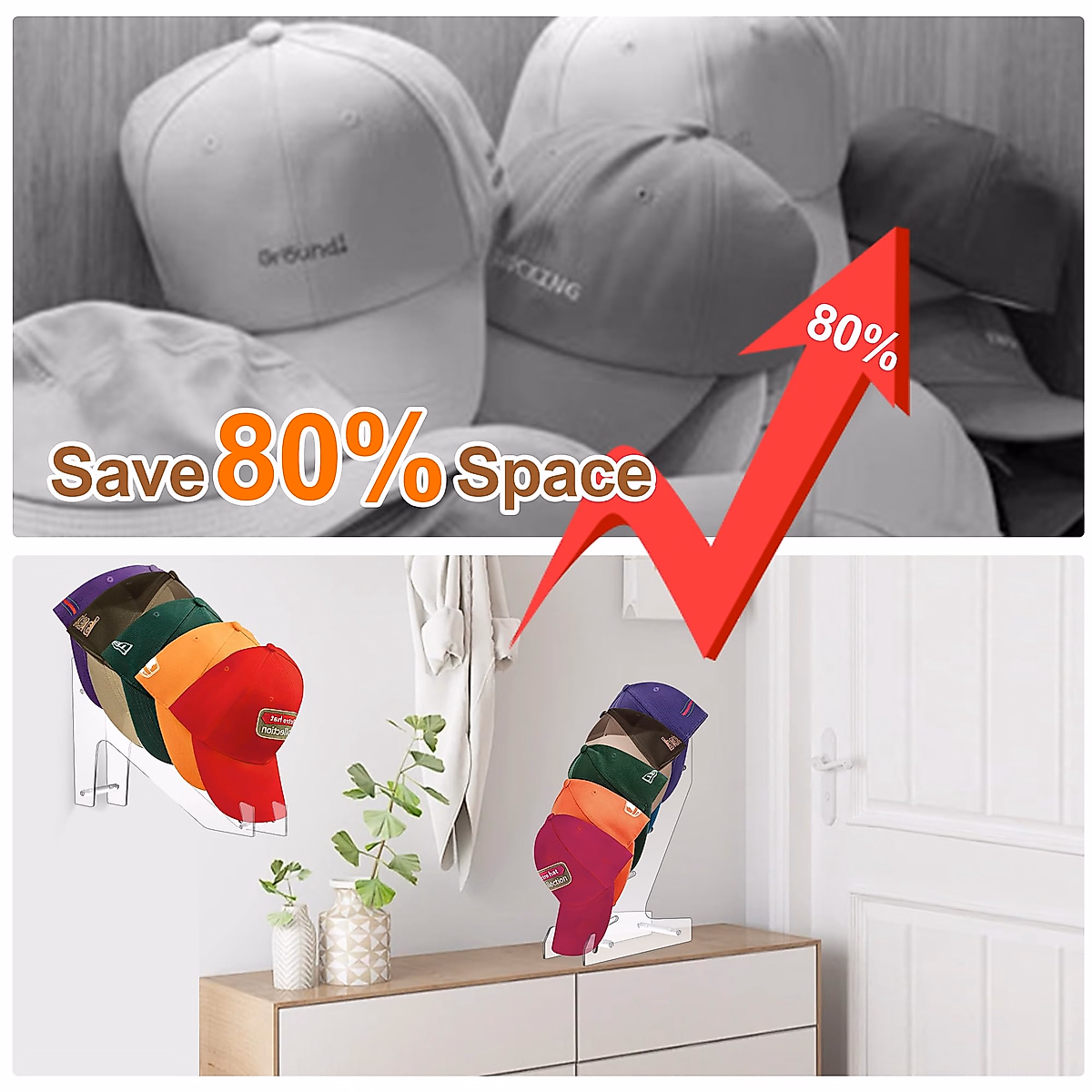 Loscarol Baseball Cap Hat Organizer - 2 Pack Space-Saving Hat Rack Storage | Wall Mounted Hat Holder for Closet, Dresser, Entrance | Acrylic Hat Stand Display & Cap Organizer for 10 Baseball Caps
